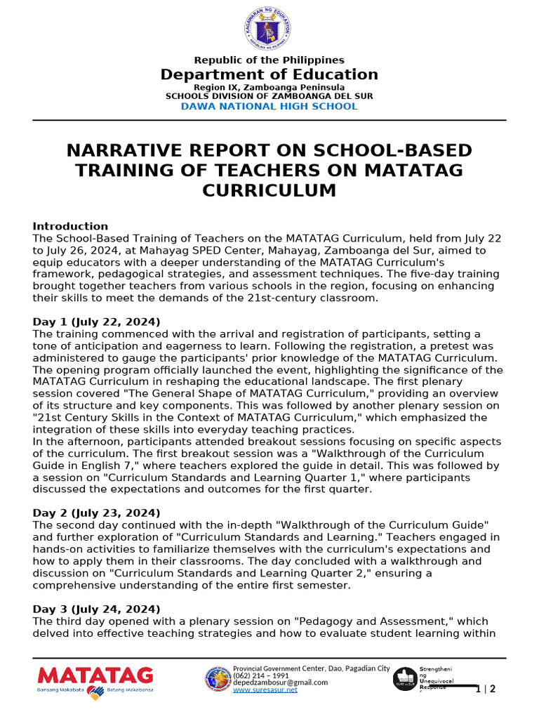 NARRATIVE-REPORT-SBTT | PDF | Teachers | Curriculum