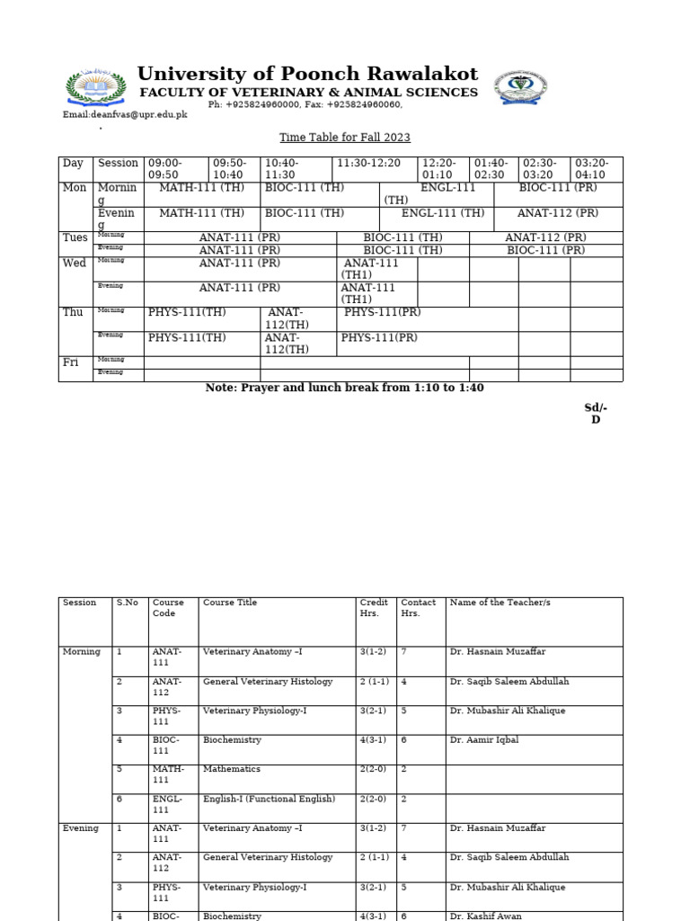 Fall 2023 Veterinary Course Timetable | PDF