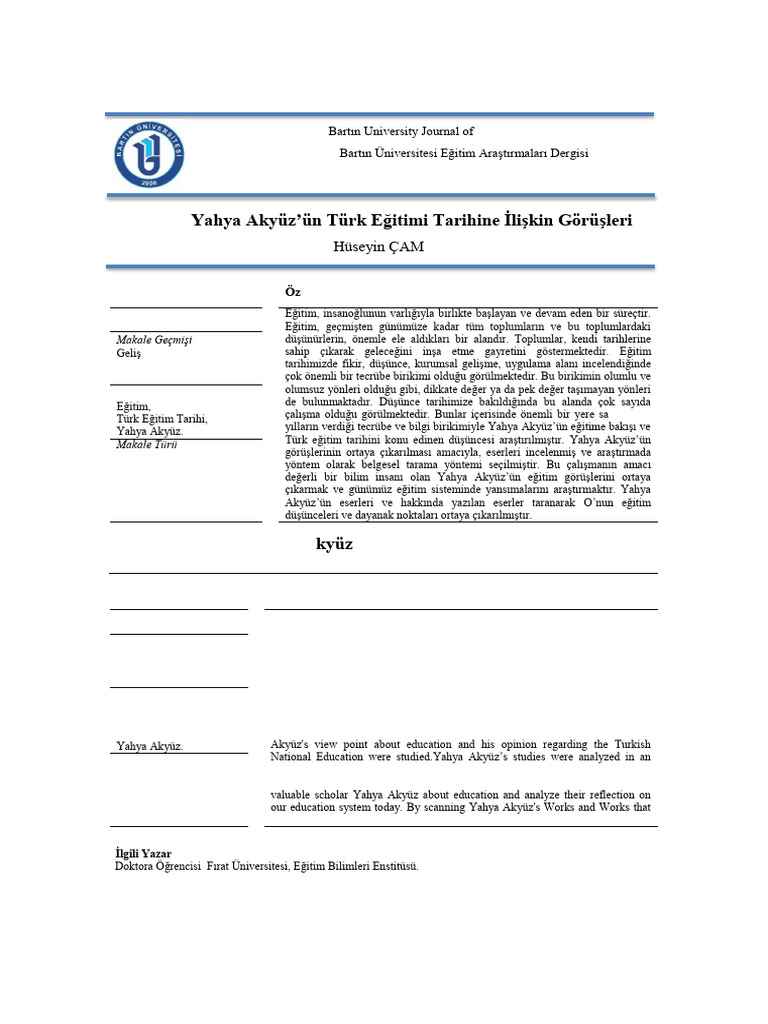 Yahya Aky Z' N T RK E Itim Tarihine Li Kin G R Leri (#415403) - 484837 | PDF
