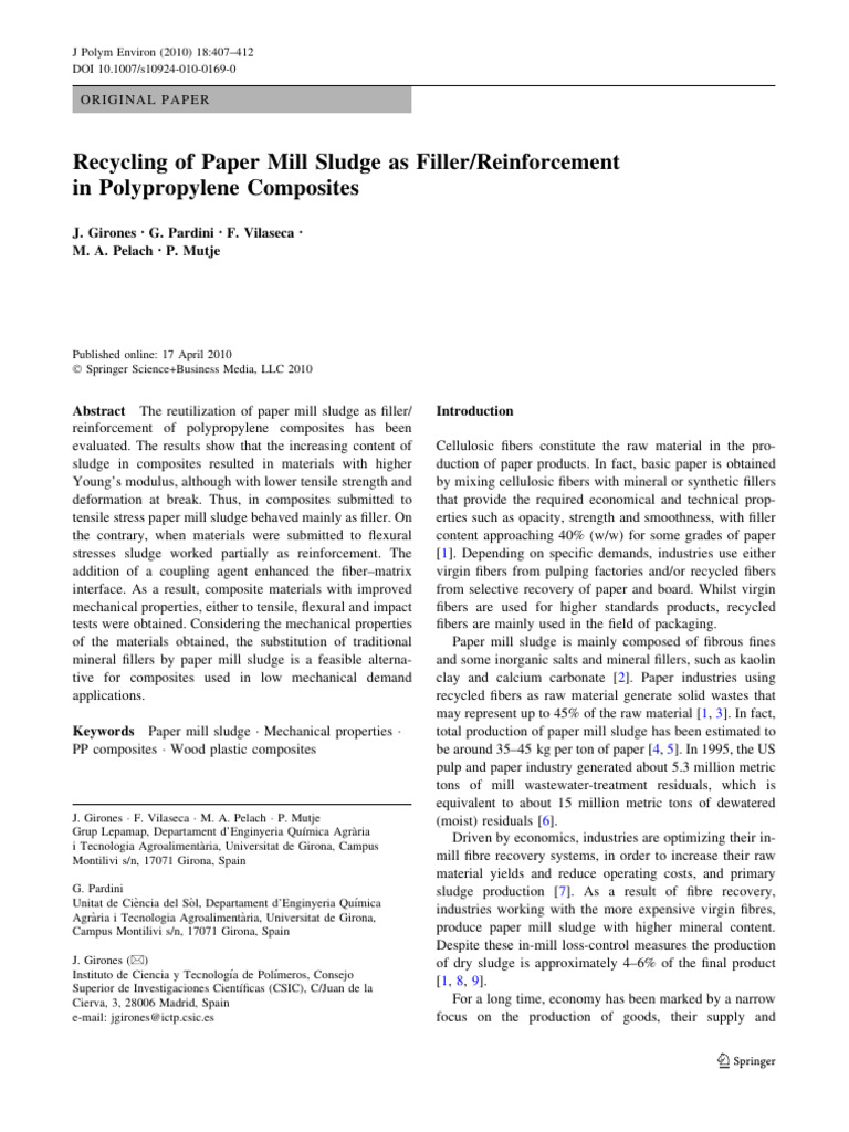 Recycling of Paper Mill Sludge As Filler:Reinforcement in Polypropylene ...