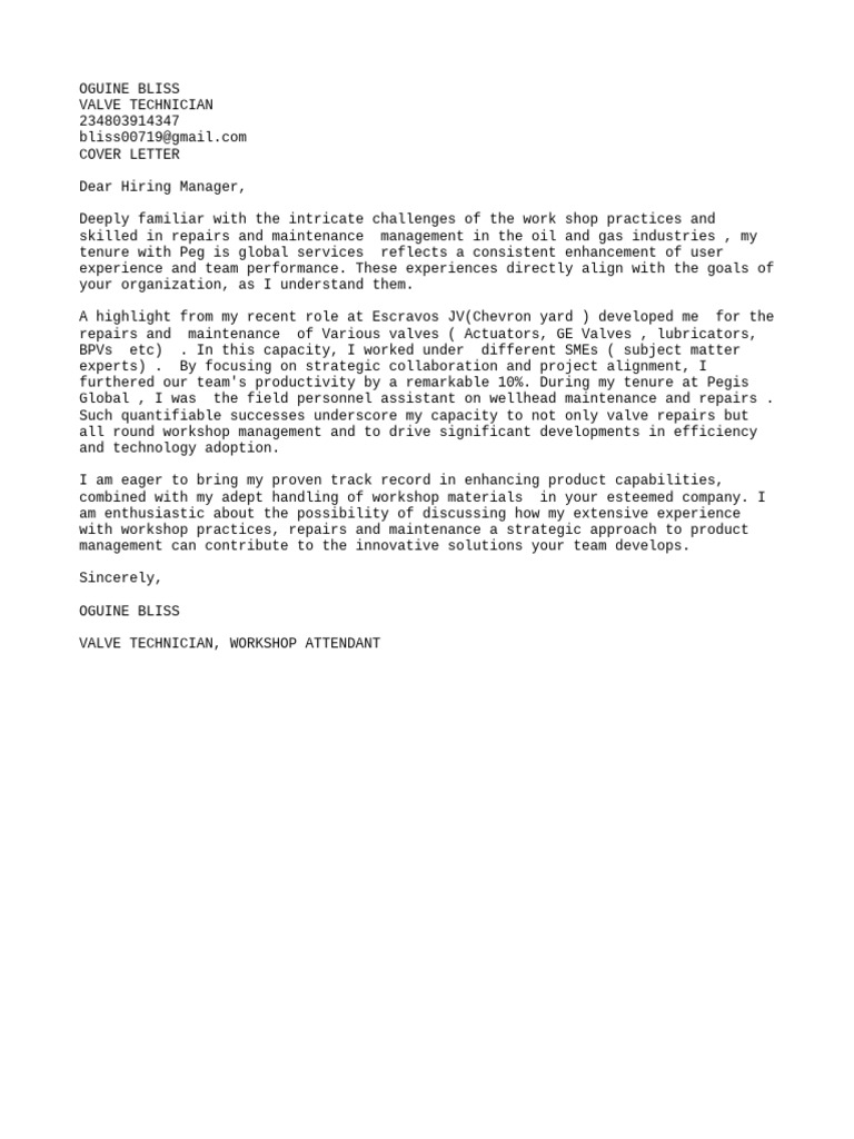 Valve Technician Cover Letter | PDF | Computers | Technology & Engineering