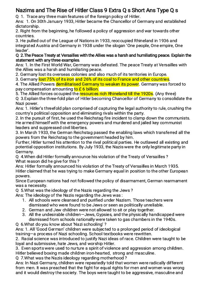 Nazims and The Rise of Hitler Class 9 Extra Q S Short Ans Type Q S ...