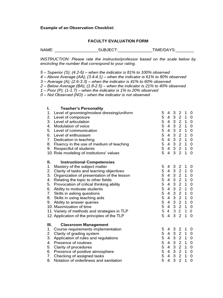 Example of Observation Checklist | PDF | Classroom Management ...