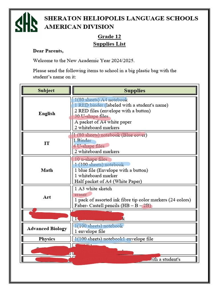 g12 Supplies List 2024 - 2025 | PDF | Stationery