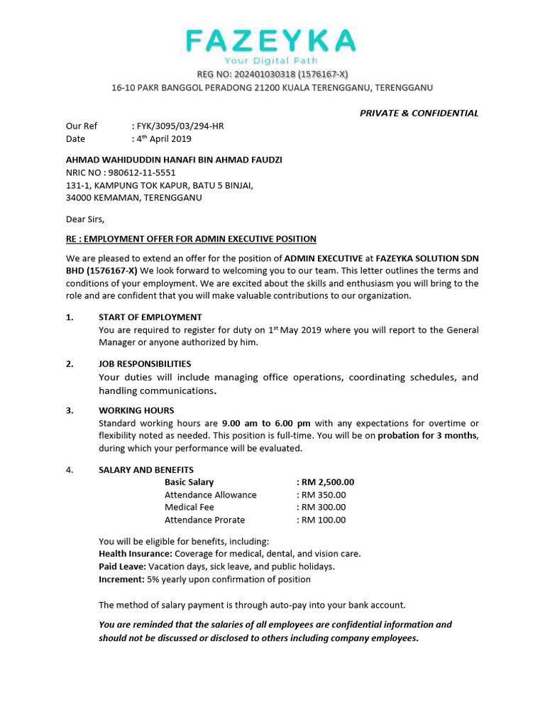 Admin Executive Job Offer Letter | PDF | Employment | Salary