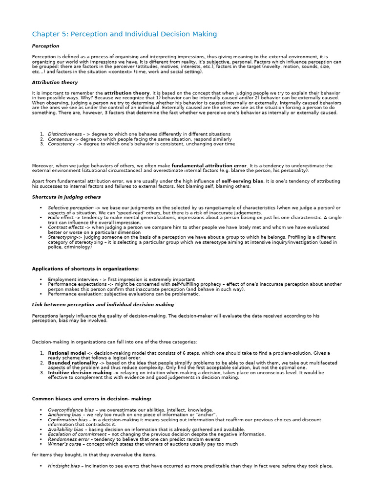 OB_Summary Note_Ch05 | PDF | Decision Making | Bias