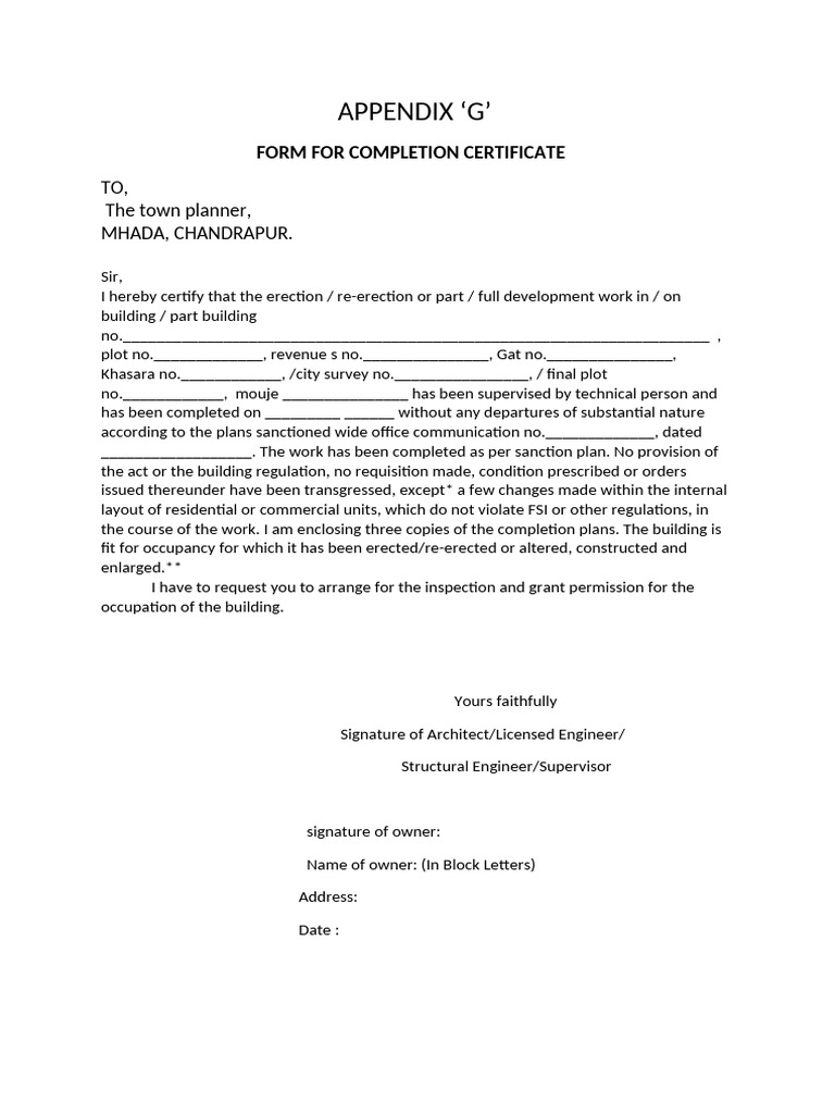 Appendix G Completion Certificate Mhada | PDF