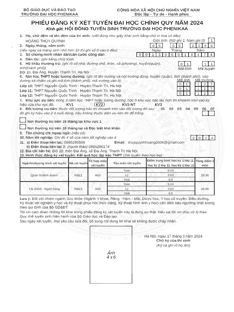 Phieu Dang Ky Tuyen Sinh | PDF