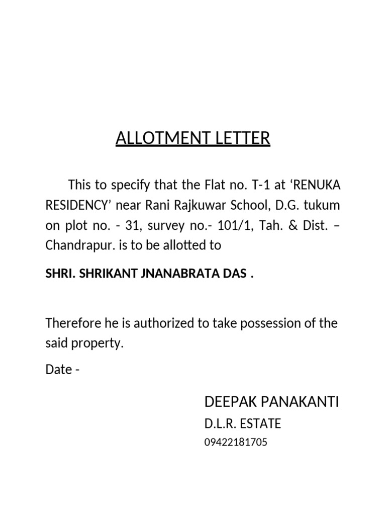 Allotment Letter | PDF