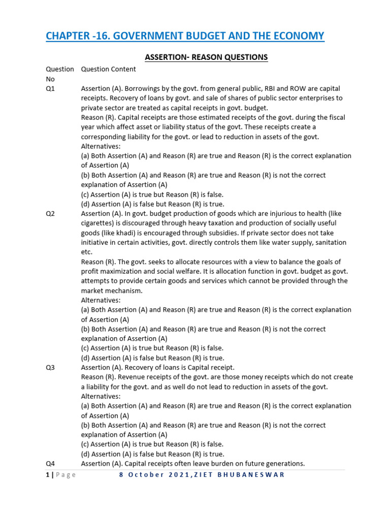 CLASS 12 ECONOMICS Ch-16-ARQ | PDF | Taxes | Government Budget Balance