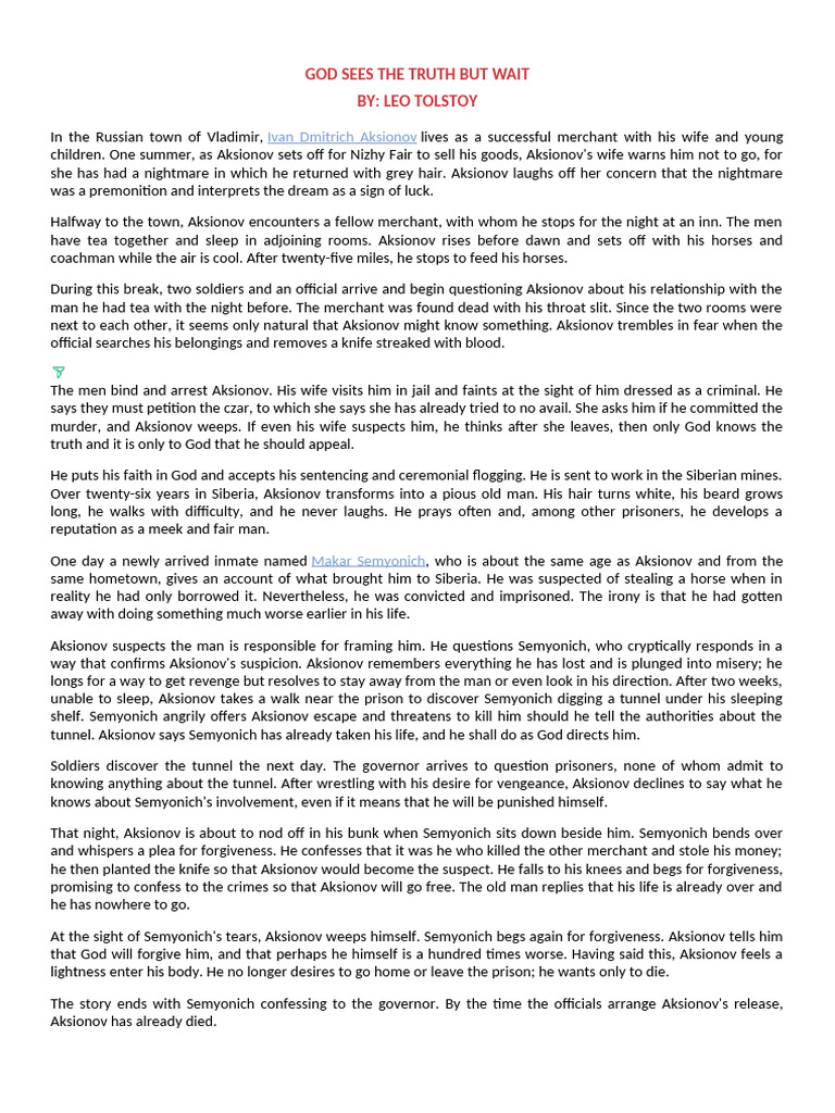 God Sees The Truth But Waits Summary | PDF