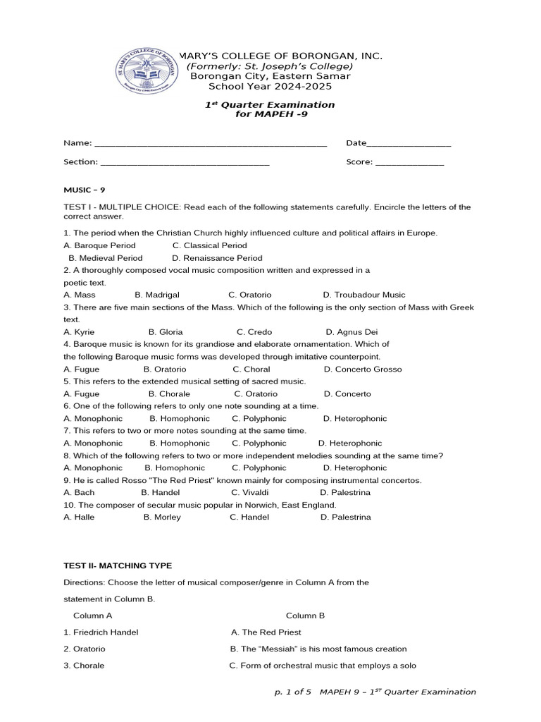 MAPEH 9 TQ | PDF | Baroque Music | Ancient Egypt