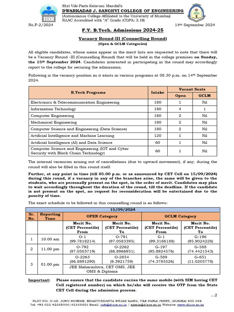 Vacancy Round 3 - Schedule and Vacancy Position | PDF | Engineering