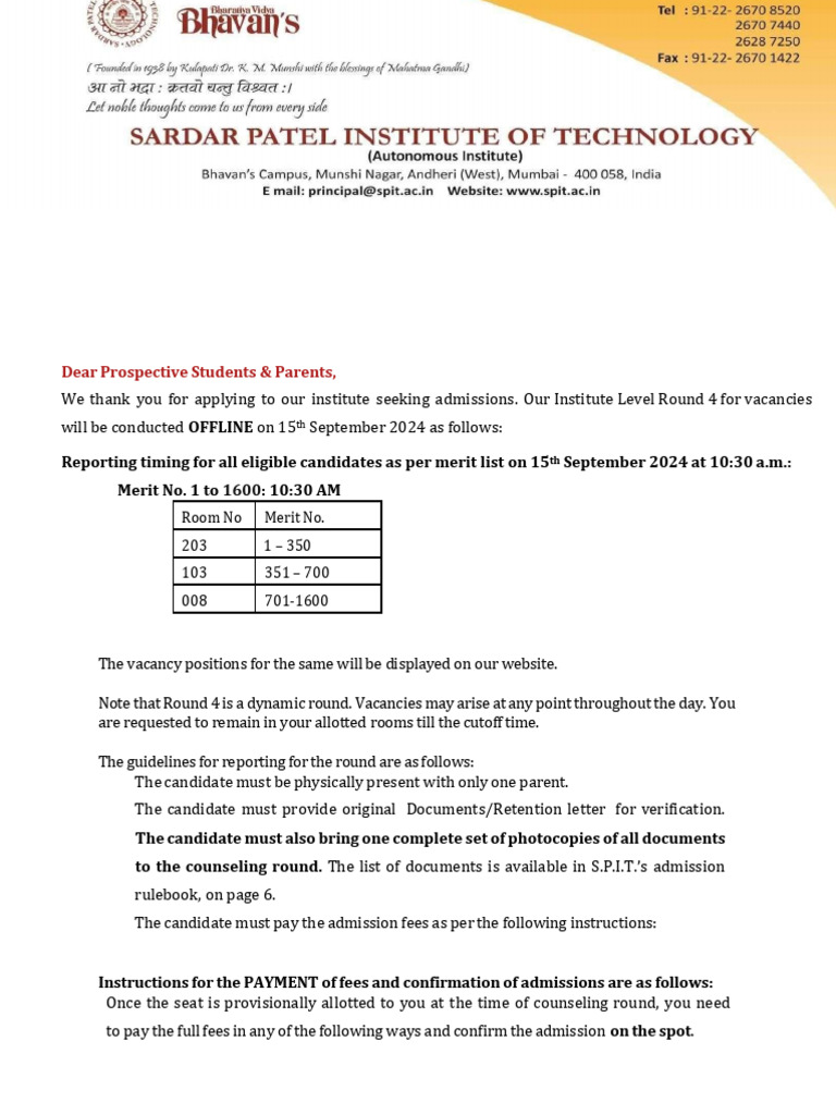Instructions For First Year B.tech - IL and After CAP Round 4-15-09 2024 1 | PDF | Career ...