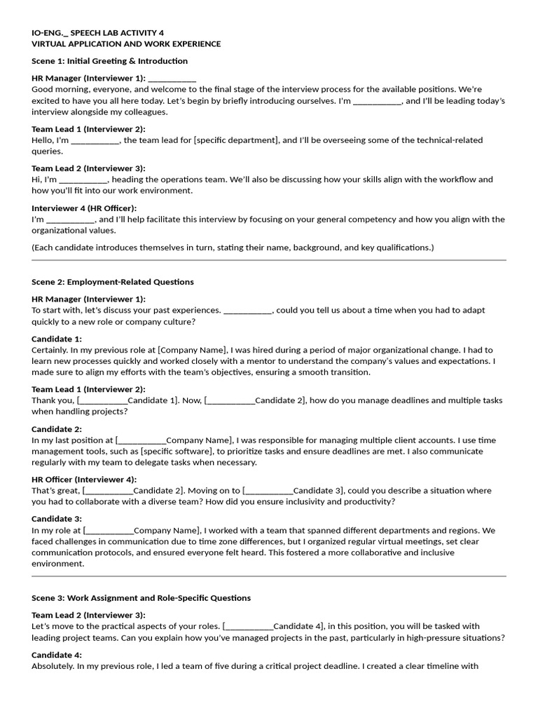 Io Eng. - Speech Lab Activity 4 Virtual Job Interview and Work Related ...