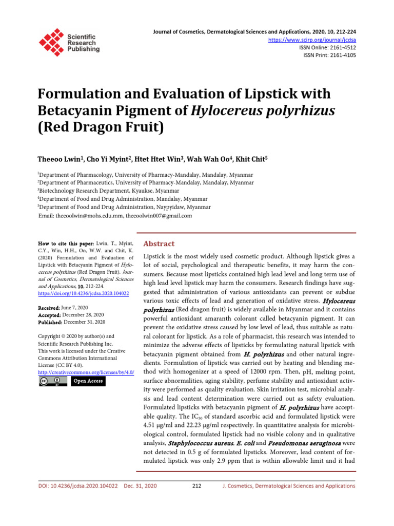 Formulation and Evaluation of Lipstick With Betacyanin Pigment of ...
