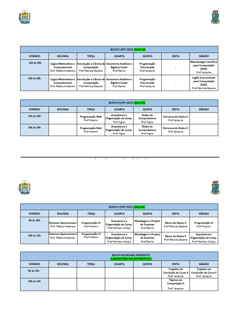 Quadro de Horários 2024.1 e 2 Executado em 2024.2 - Alunos | PDF ...