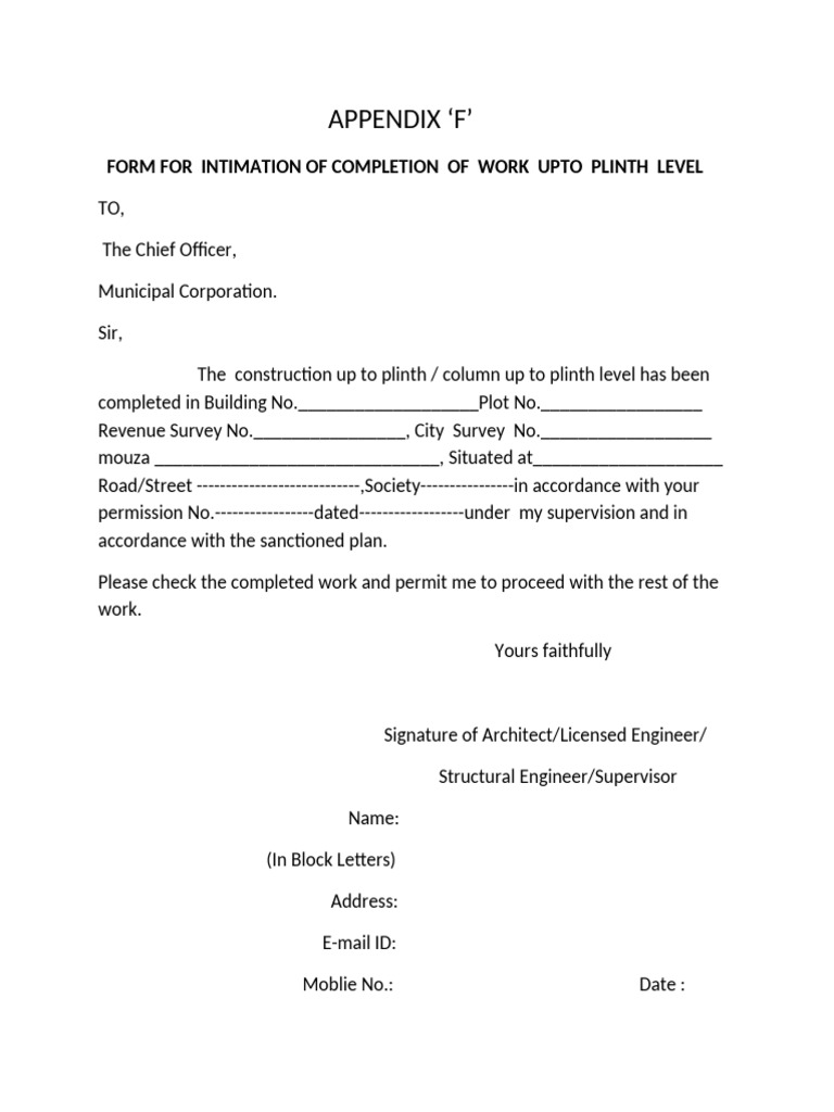 APPENDIX F PLINTH COMPLETION | PDF