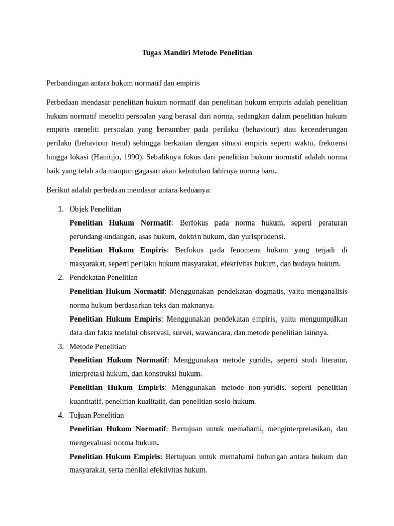 Tugas Mandiri Metode Penelitian Perbandingan Penelitian Empiris Dan Normatif | PDF