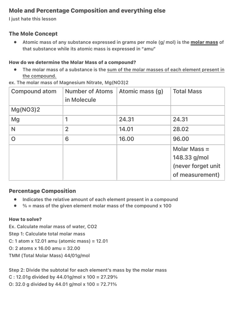 Mole and Percentage Composition and Everything Else | PDF | Mole (Unit ...