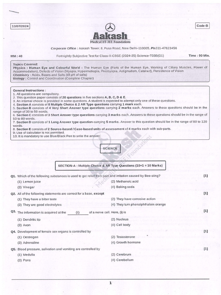 Fst-03 Class X Science Code B 14-07-2024 | PDF