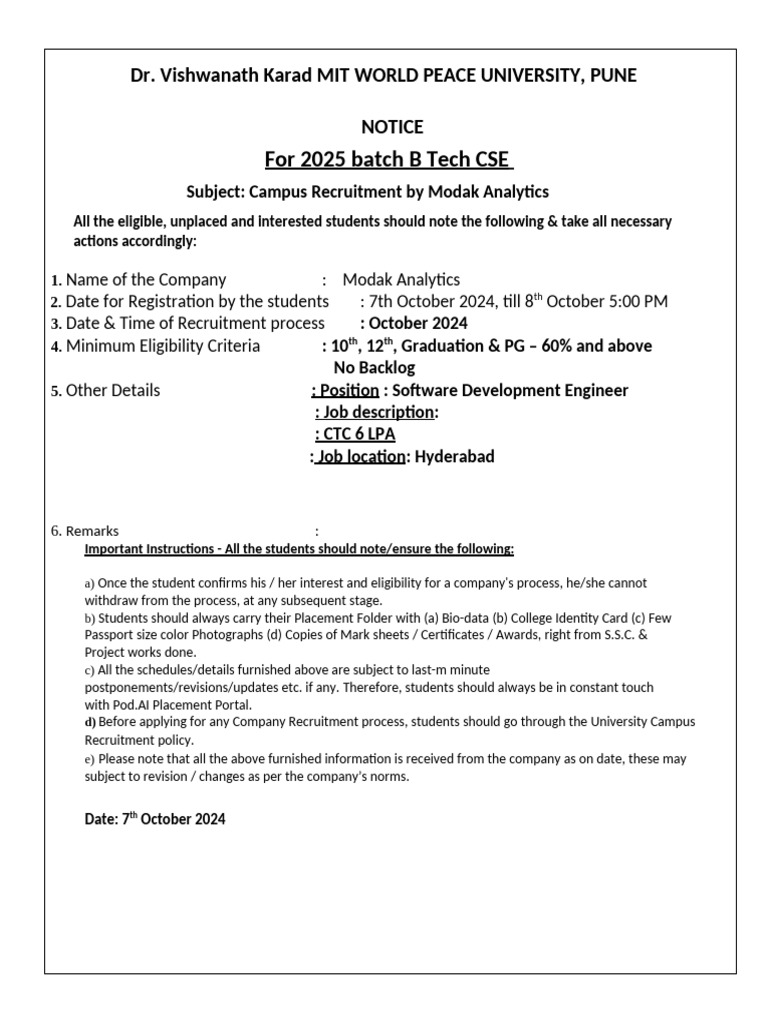 Standard Notice For B Tech CSE 2025 Batch | PDF