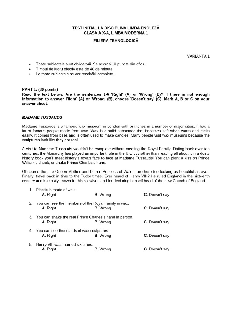 Test Initial L1 - X - Filiera Tehnologica - Limba Engleza | PDF | Art