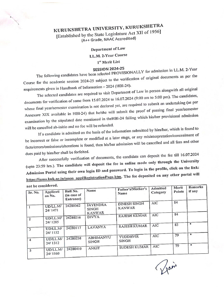 1st Merit List of LLM 2024-25 PDF | PDF