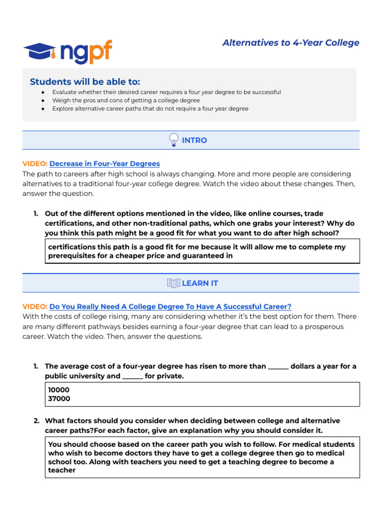 Exploring Alternatives to College | PDF | Internship | Job Hunting