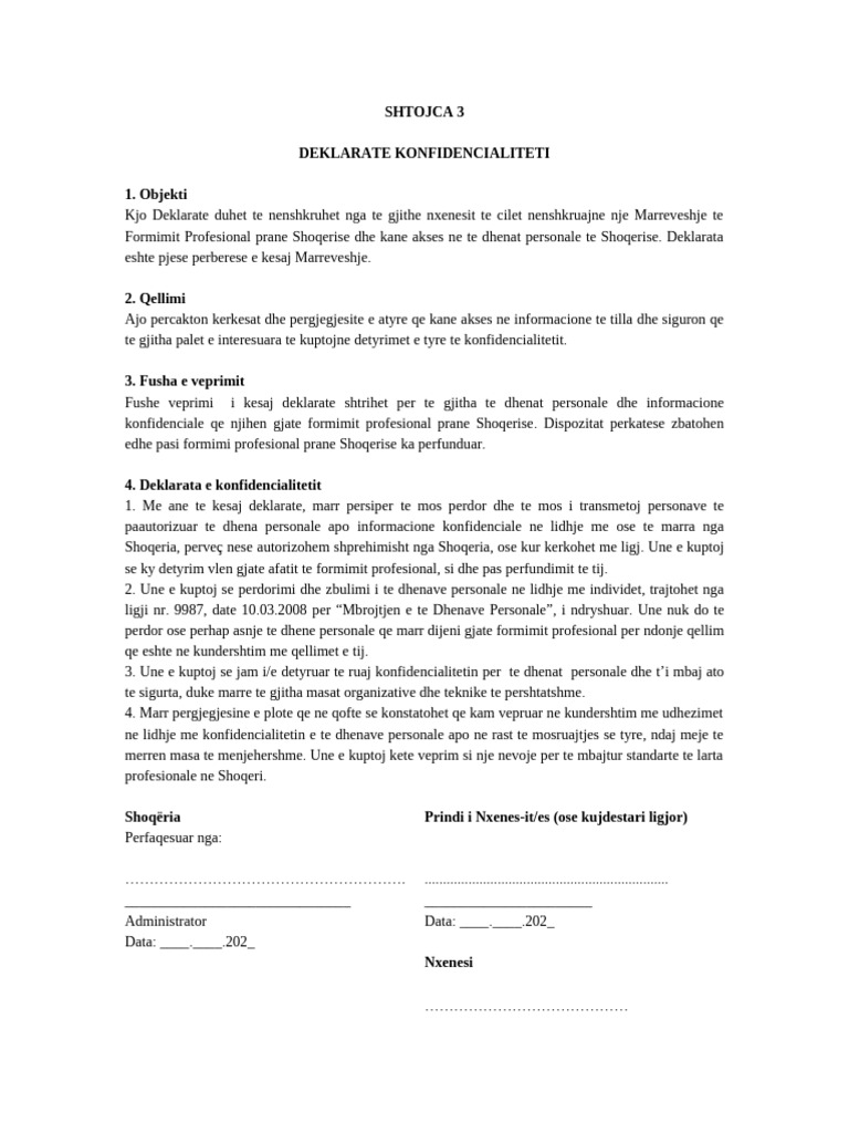 Shtojca 3 - Deklarate Konfidencialiteti | PDF