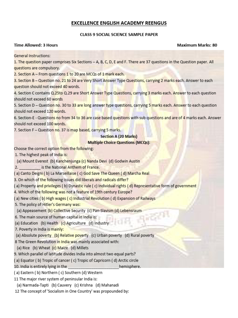 9th Sst Sample Paper for Sa- 1 | PDF