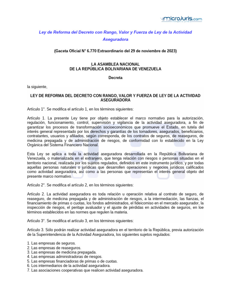 2) Reforma Ley Act. Aseguradora (Nov 23, Vig) | PDF | Seguro | Reaseguro