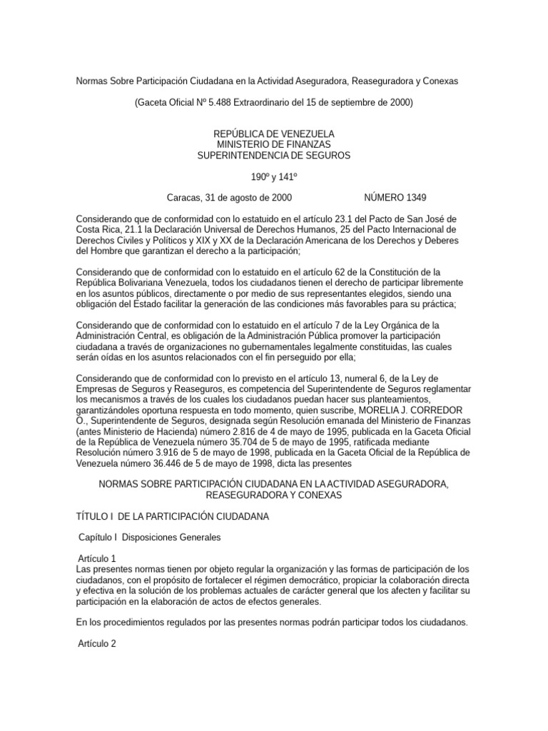 Normas Sobre Participación Ciudadana en la Actividad Aseguradora, Reaseguradora y Conexas | PDF ...
