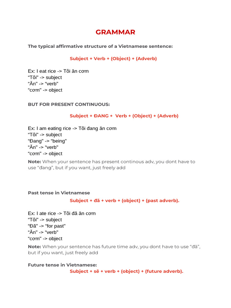 Grammar: The Typical Affirmative Structure of A Vietnamese Sentence | PDF