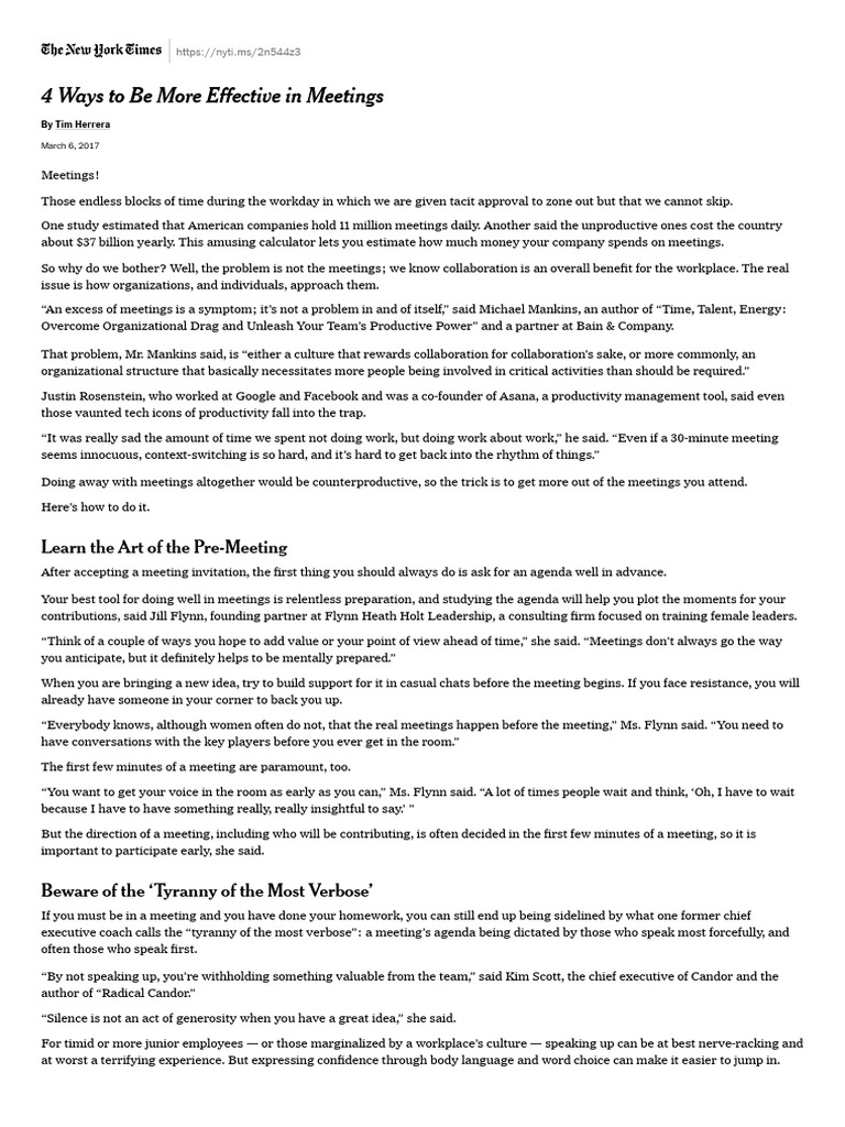 4 Ways To Be More Effective in Meetings - The New York Times | PDF ...
