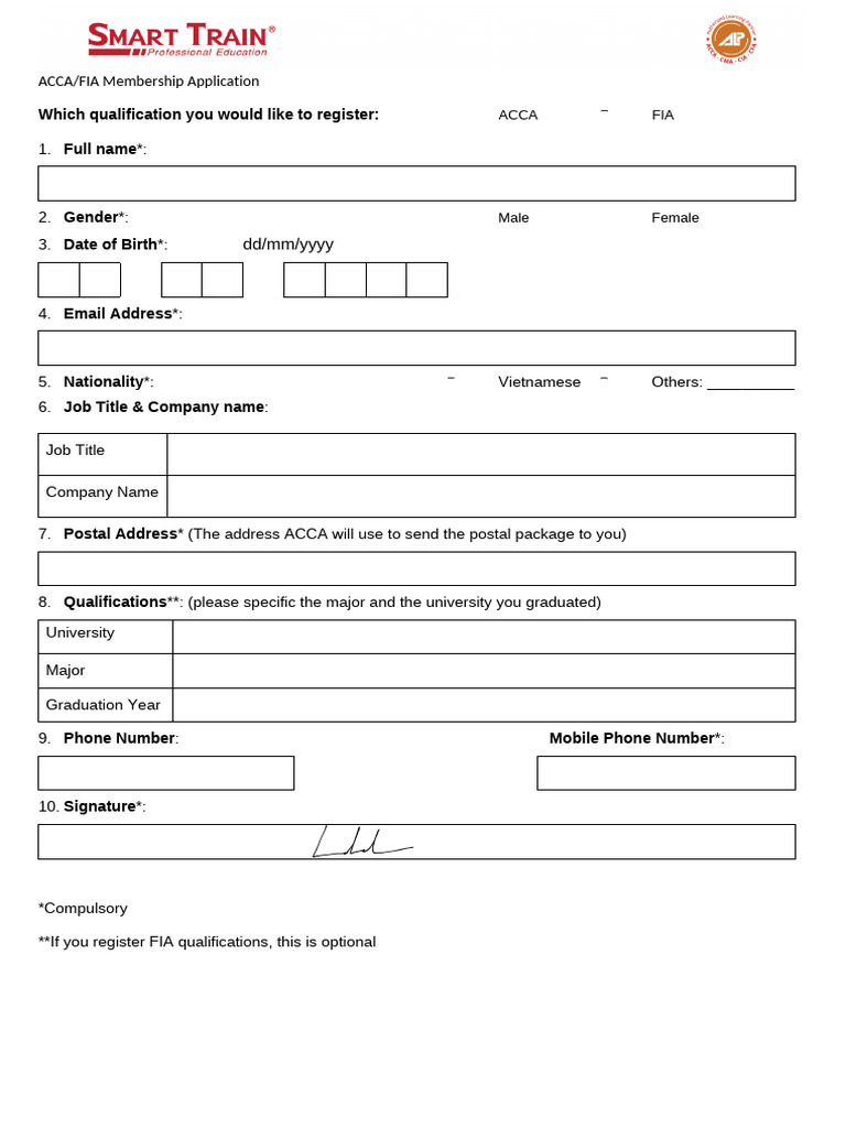ACCA Membership Application Form | PDF | Finance & Money Management