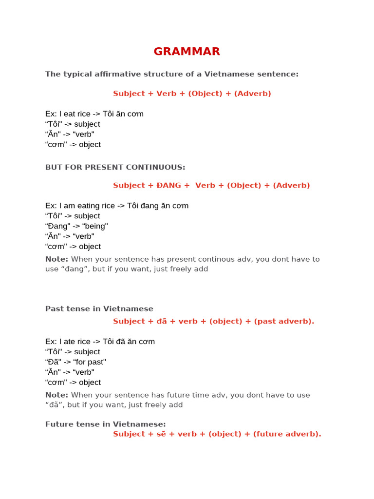 Grammar: The Typical Affirmative Structure of A Vietnamese Sentence | PDF