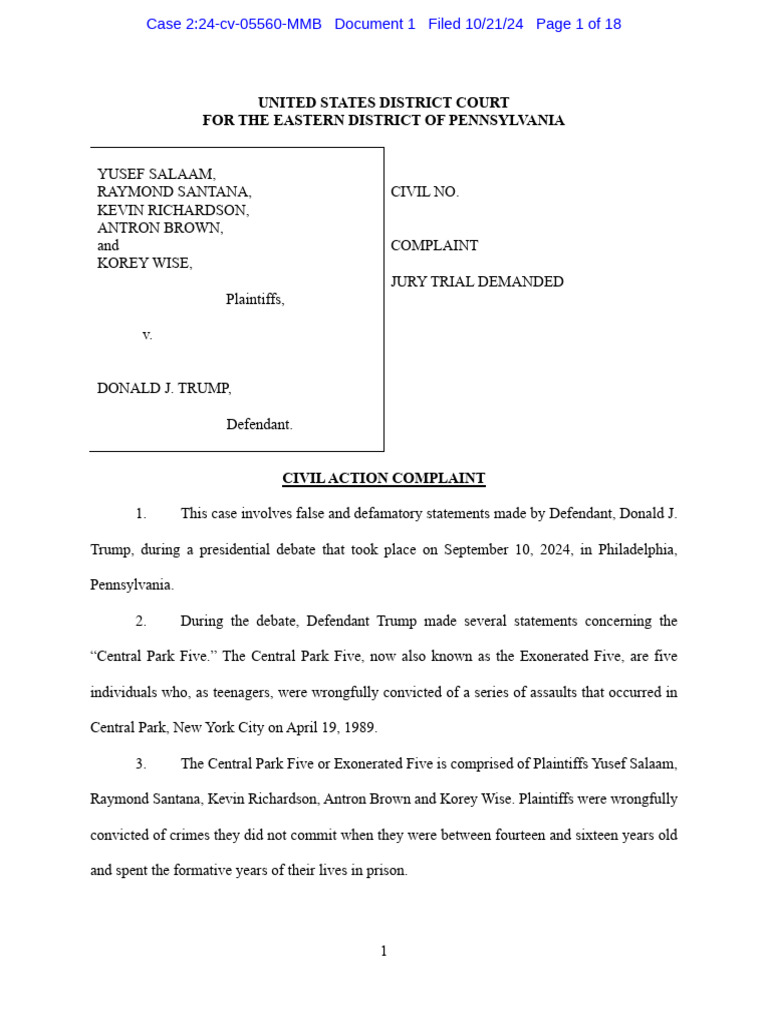 Trump Defamation Case: Central Park Five | PDF | Damages | Defamation