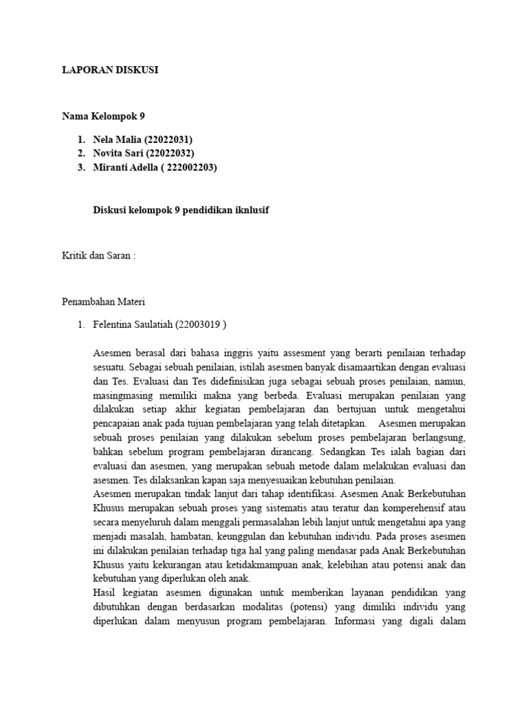 LAPORAN DISKUSI Pendidikan Inklusif KELOMPOK 9 | PDF | Karier ...