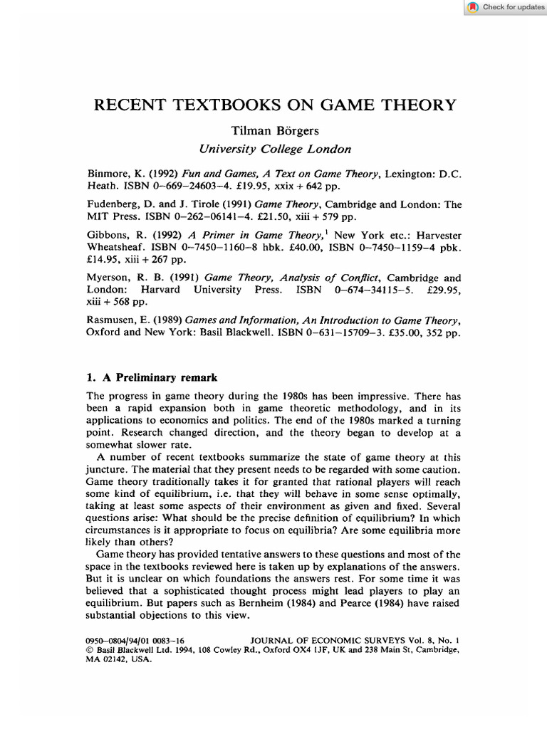 1994 - Recent Textbooks On Game Theory | PDF | Game Theory | Theory