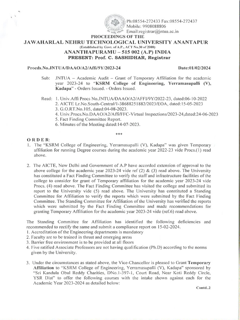 JNTUA Affiliation Letter 2023-24 | PDF