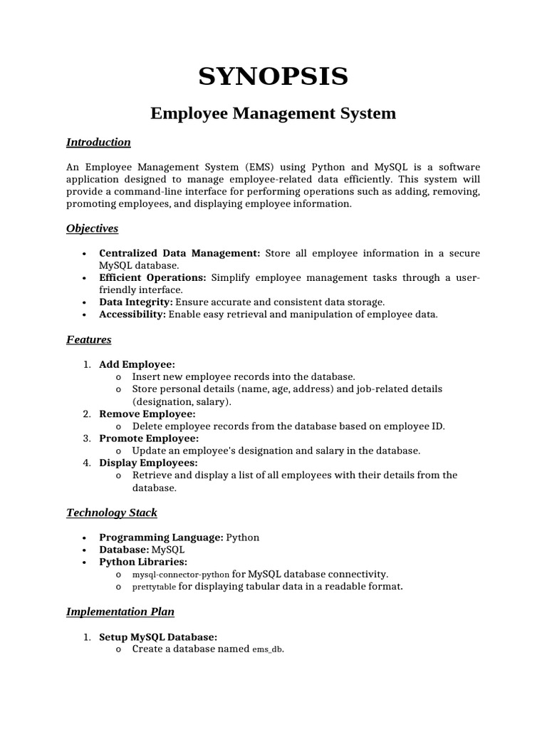 SYNOPSIS - Emp Management System | PDF | Databases | My Sql