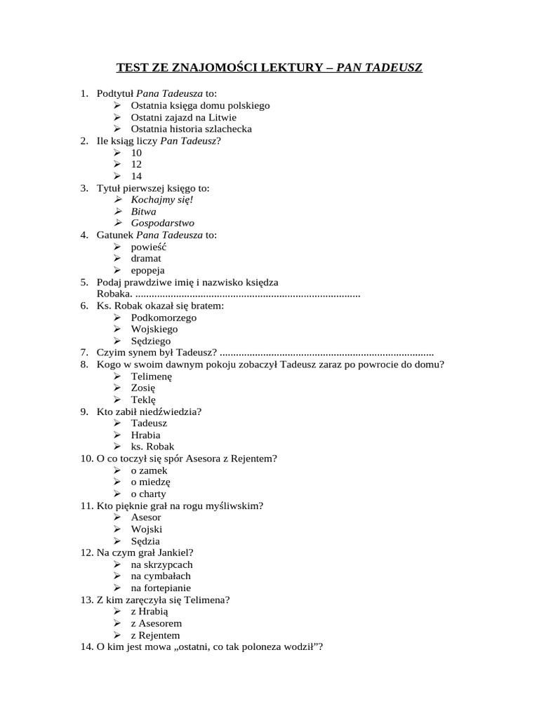 Test Ze Znajomości Pana Tadeusza | PDF
