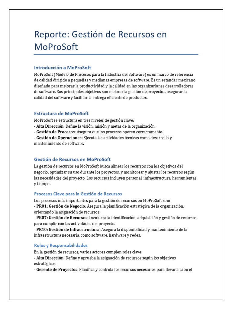 Reporte Gestion Recursos MoProSoft | PDF | Software | Gestión de proyectos