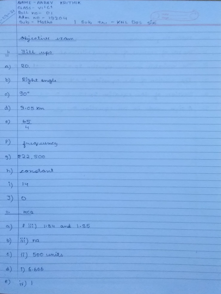 Aarav Krithik Maths Objective Exam | PDF