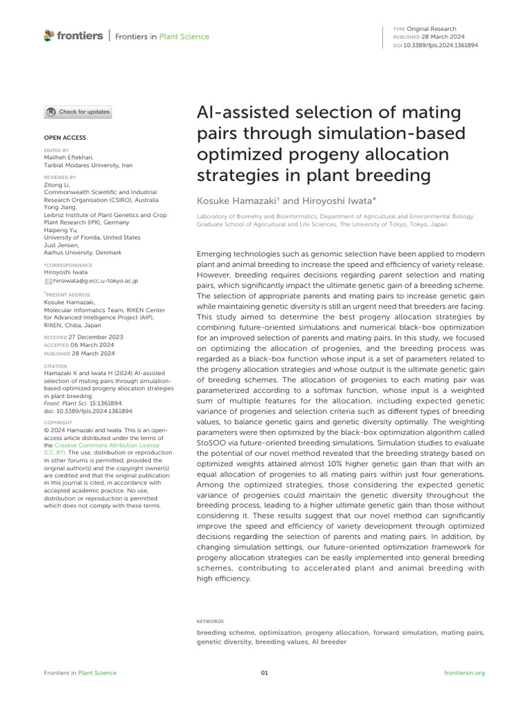AI-assisted Selection of Mating Pairs Through Simulation-Based Optimized Progeny Allocation ...