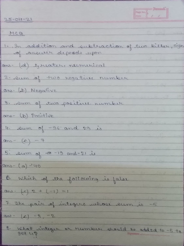 Maths Integers MCQ Questions | PDF