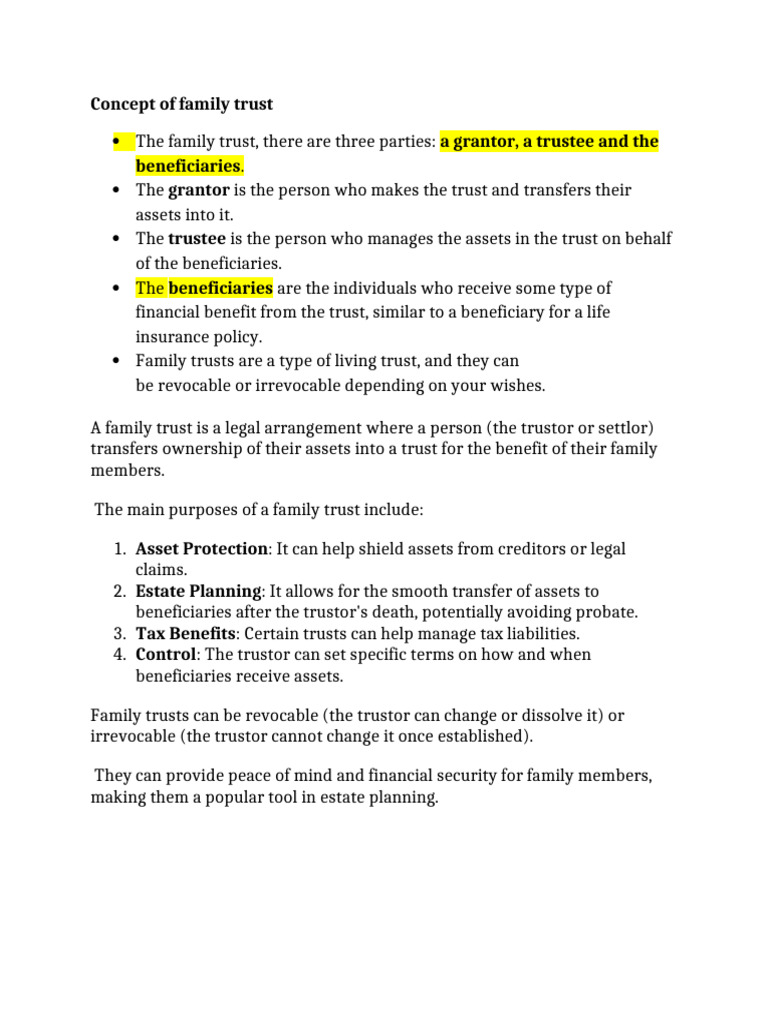 Concept of family trusts | PDF | Trustee | Estate Planning