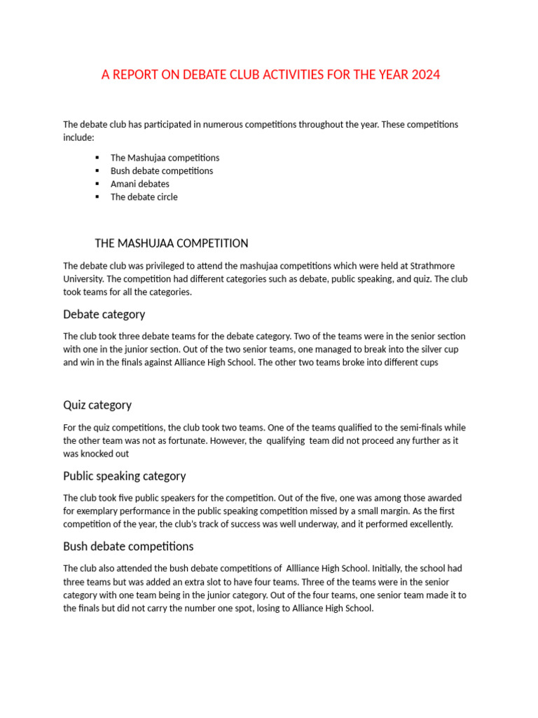 A Report On Debate Club Activities For The Year 2024 | PDF