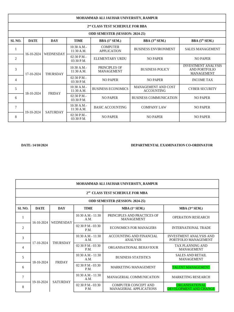 2 CT Schedule 2024-2025 (Odd Sem) | PDF | Business Economics | Business